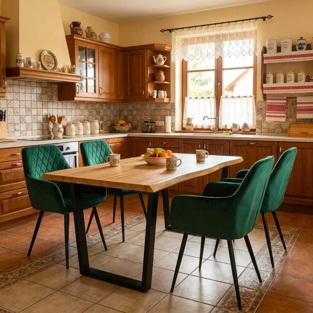 Vikio Jídelní set pro 4 osoby 160x90 cm dub noha U zelená židle s područkami VJS166-4Z