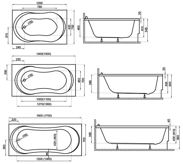 NIKIDO - P Akrylátová vana GRACIE 120x75, 140x70, 150x70, 160x70, 170x70 Velikost: 140x70