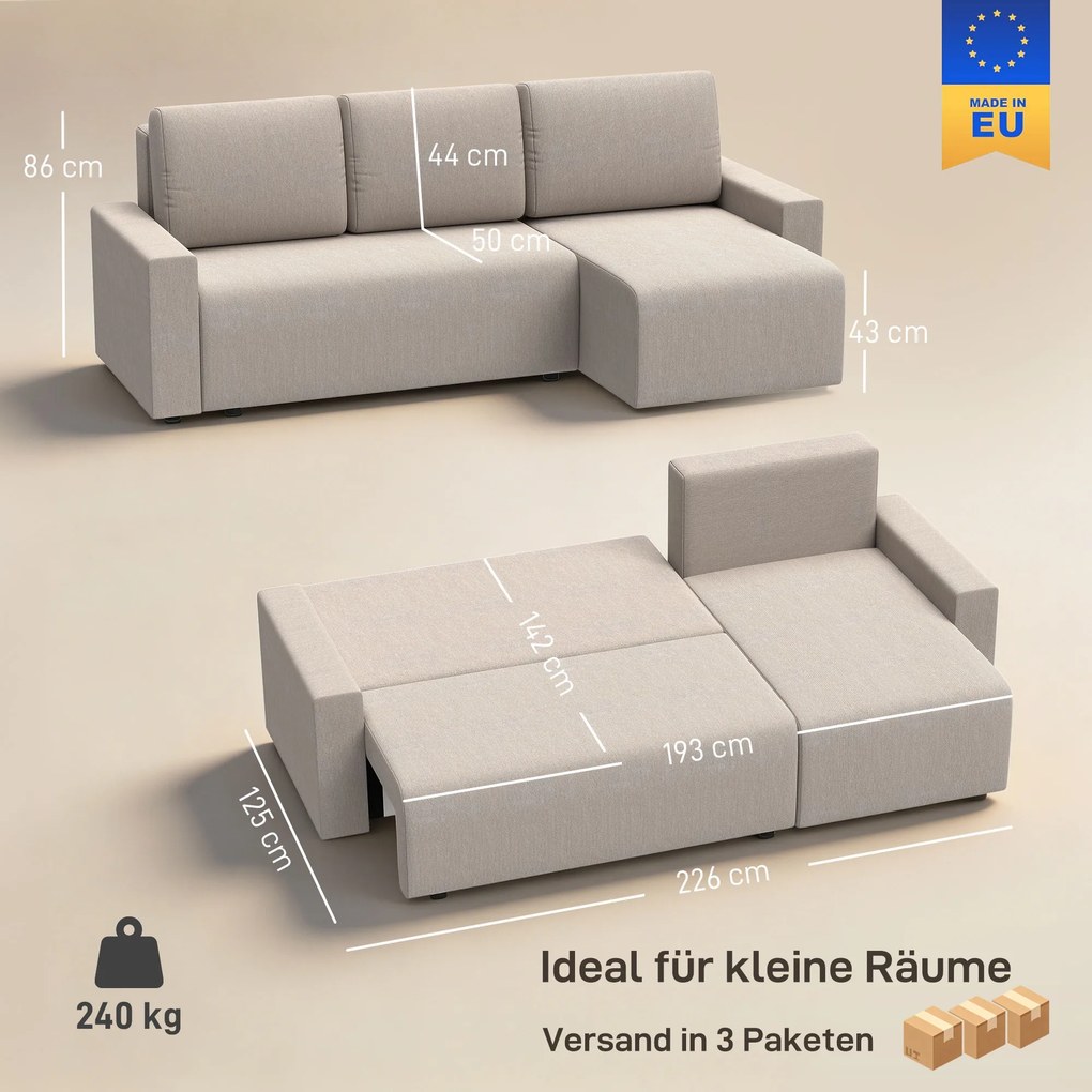 HOMCOM rozkládací rohová pohovka L, 3místná s otočnou chaise – béžový umělý semiš