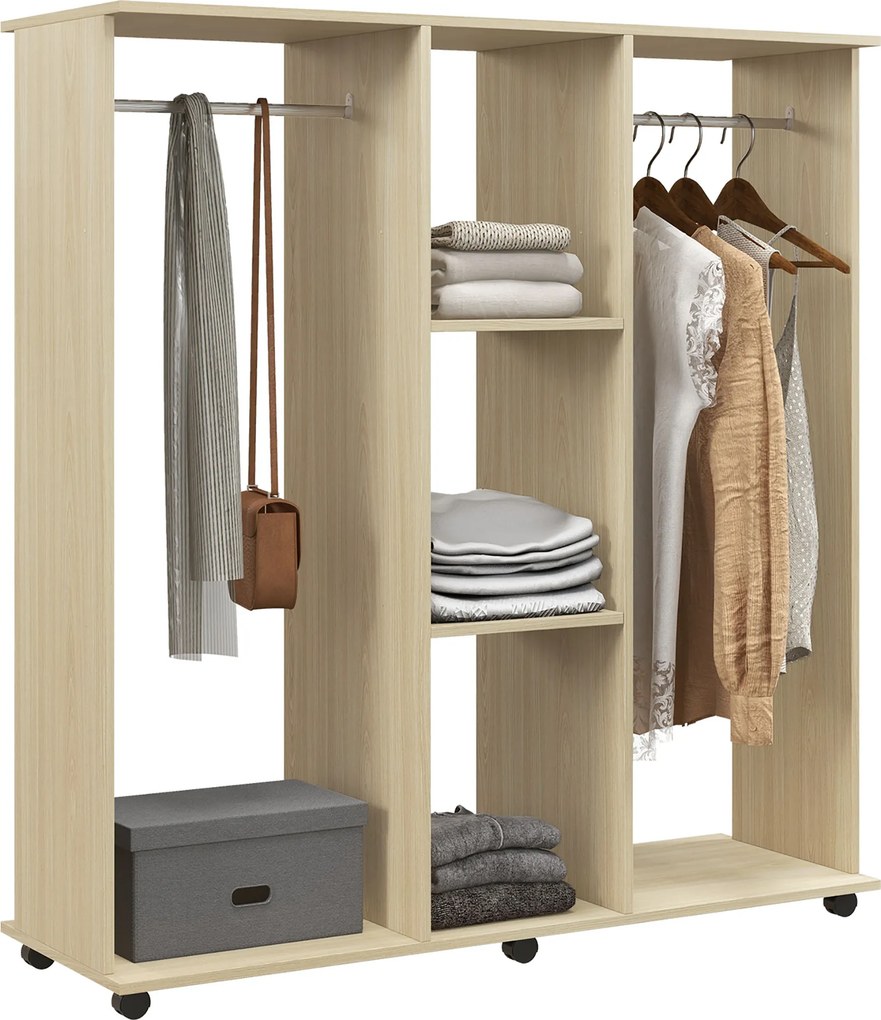 HOMCOM Mobilní skříň s úložným prostorem na 6 kolečkách 120 x 40 x 128 cm Přírodní dřevo