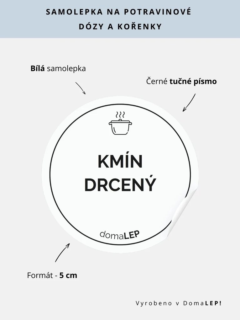Samolepka na kořenky KMÍN DRCENÝ bílá 5 cm tučné písmo