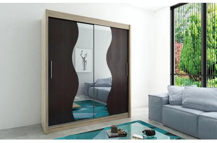Elegantní šatní skříň s posuvnými dveřmi a zrcadly Rozálie 200 v barvě dub sonoma-wenge