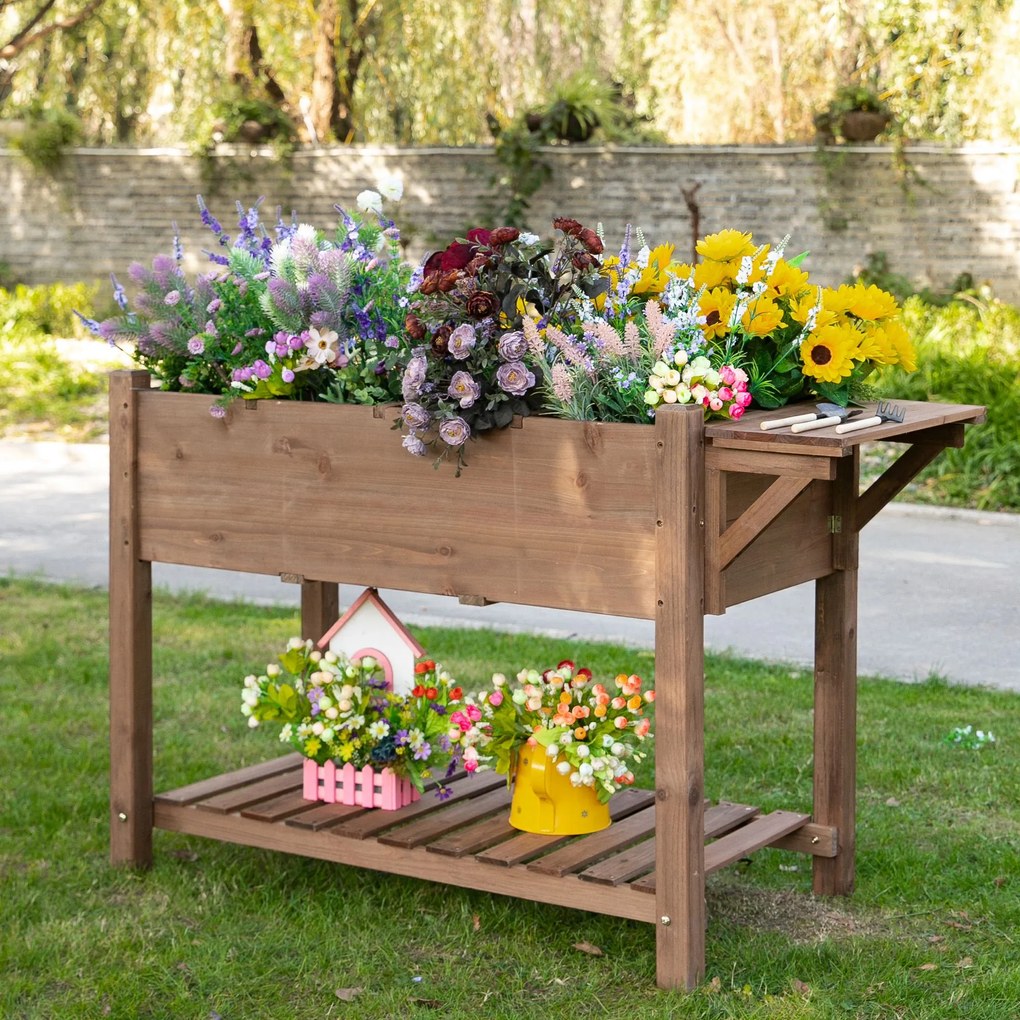 Vyvýšený záhonový truhlík Outsunny 123x54x74cm s 8 rošty a skládací policí z masivního dřeva v hnědé barvě pro zahradu a terasu | Aosom.de