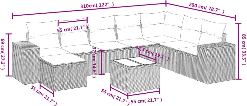 9dílná zahradní sedací souprava a podušky mix béžové polyratan 3264525