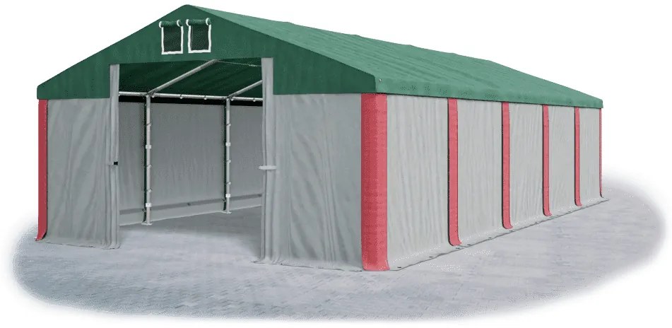 Garážový stan 8x8x4m střecha PVC 560g/m2 boky PVC 500g/m2 konstrukce ZIMA Zelená Šedá Červené