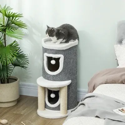 PawHut škrabadlo pro kočky, kočičí strom 76 cm s postelí, 2 jeskyněmi, sisalové sloupky, škrabací podložka, hrací míčky, šedá