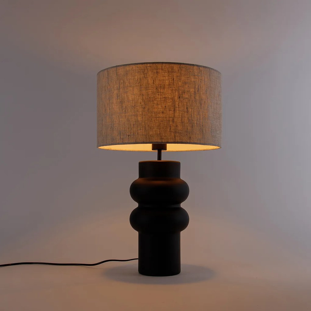 Designová stolní lampa černá s tkaným stínítkem světle šedá 35 cm - Alisia
