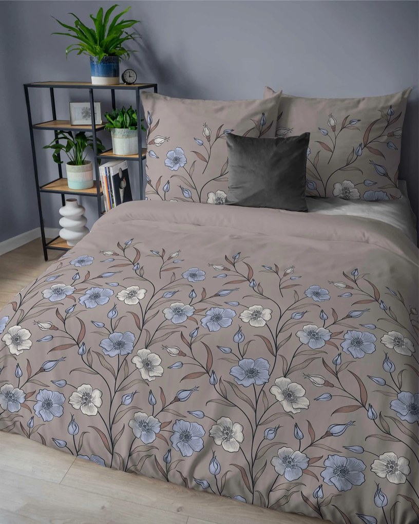 Detexpol Flanelová sada ložního prádla 220x200 taupe s modrými květy - Pastel Flowers - 5633 A