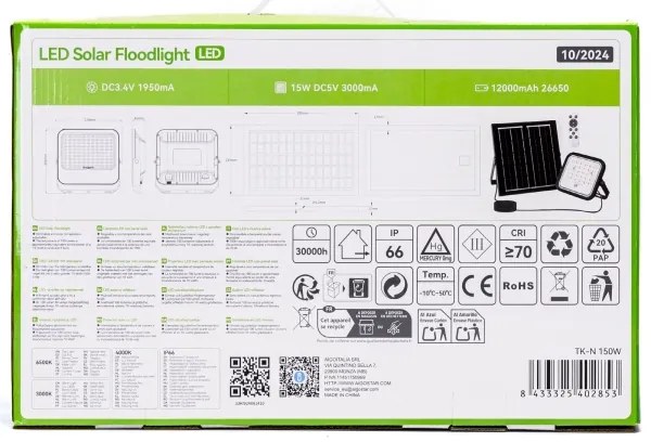Aigostar - LED Stmívatelný solární reflektor LED/150W/3,4V IP66 + DO