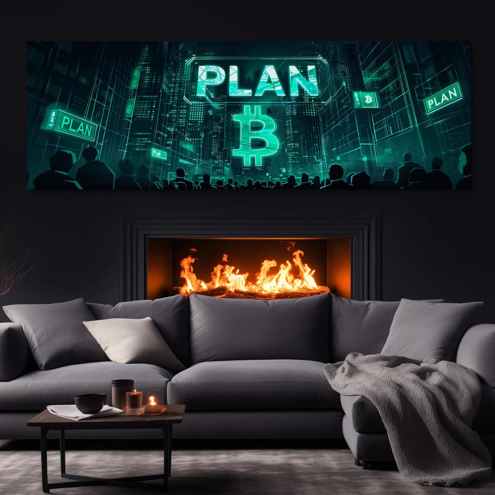 Obraz na plátně - Bitcoin Plan B city FeelHappy.cz Velikost obrazu: 120 x 40 cm