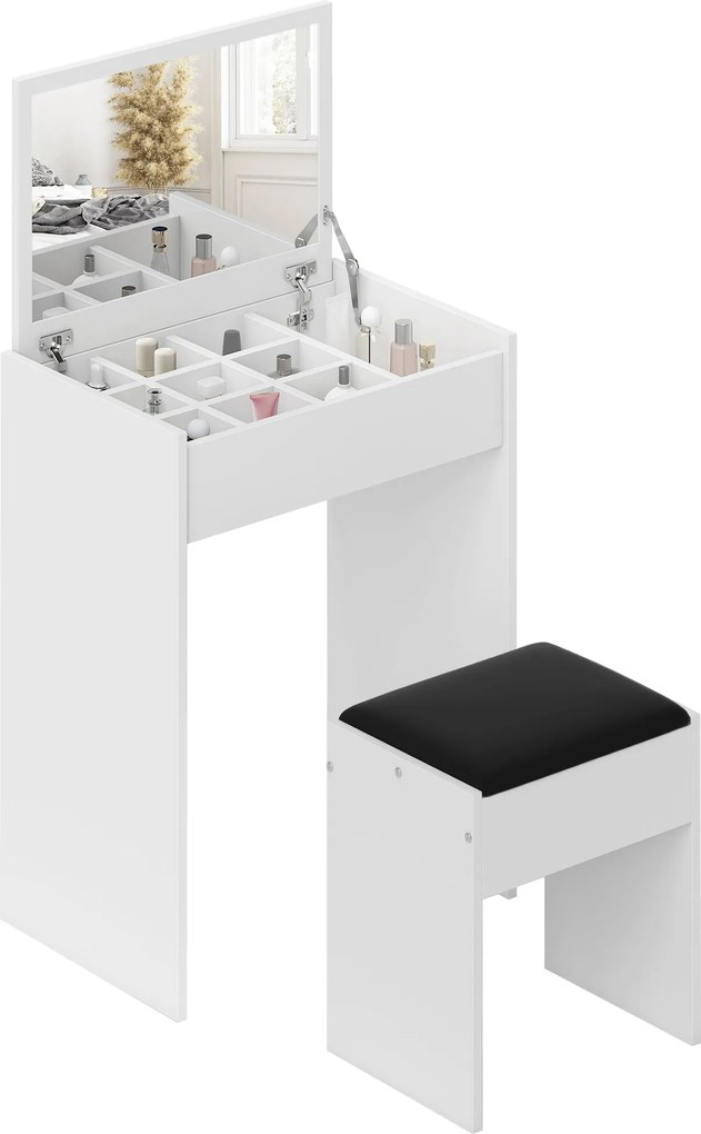 HOMCOM Skládací Toaletní Stolek se Zrcadlem, Moderní Toaletní Stolek se Stoličkou a Úložným Prostorem (10 Přihrádek), Bílý MDF, 60,2 x 40,2 x 79 cm |