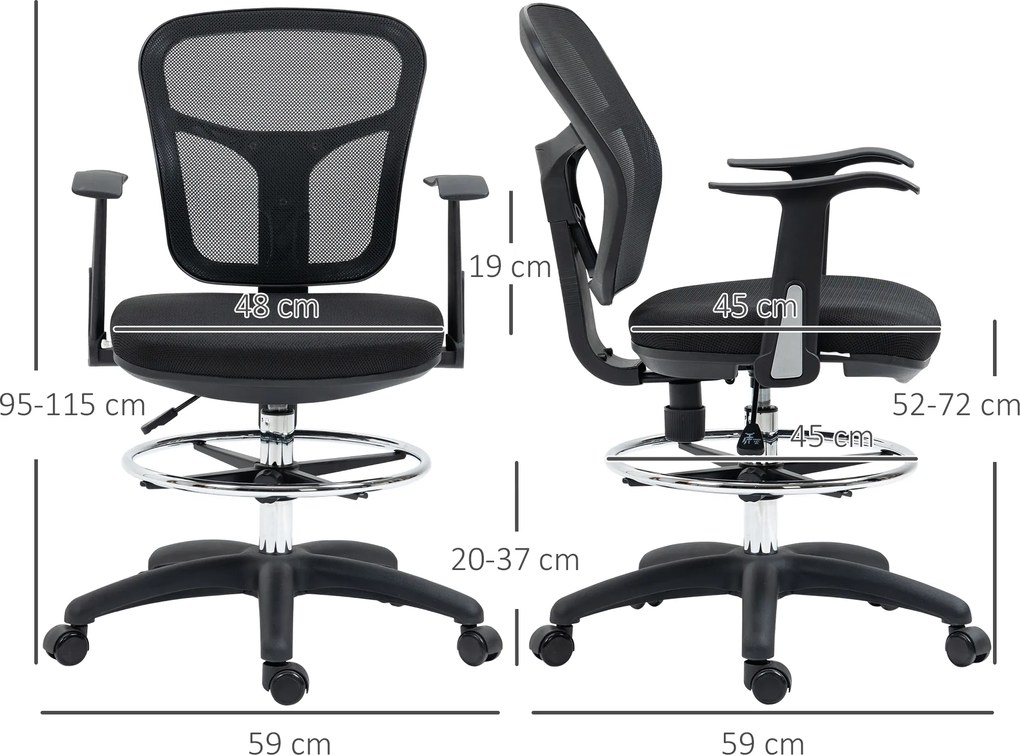 Kancelářská židle Vinsetto Ergonomická počítačová židle 95-115 cm s područkami a podnožkou Mesh Black pro kancelář a domácí kancelář |