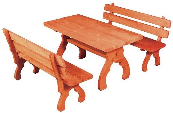 DREWMAX Zahradní set z masivního smrkového dřeva stůl + 2 x lavice - OŘECH + LAK