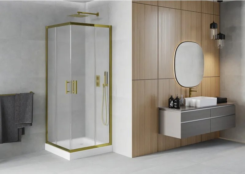 Mexen Rio, čtvercový sprchový kout s posuvnými dveřmi 70 (dveře) x 70 (dveře) x 190 cm, 5mm sklo námraza, zlatý profil + bílá sprchová vanička RIO, 860-070-070-50-30-4510