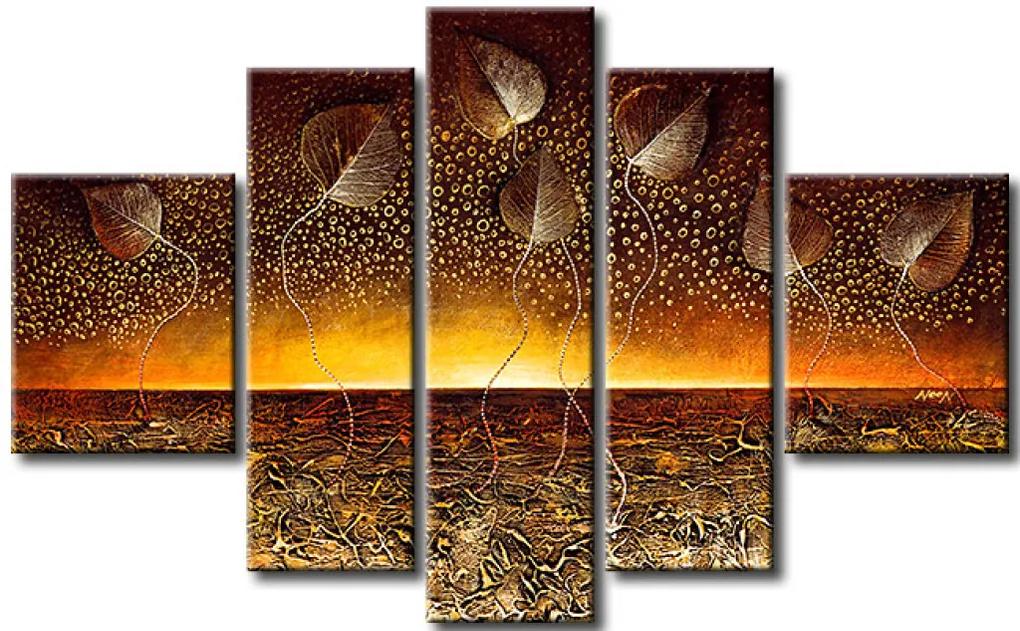 Obraz Zlatý horizont (5 dílů) - fantazie se západem slunce a listy