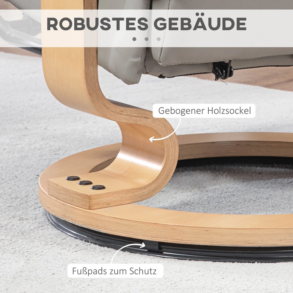 HOMCOM Relaxační křeslo s taburetem, otočné o 360°, naklopitelné o 130°, s funkcí polohování, vysoký opěrák, dřevěný rám, koženka, 76x85x104cm, šedé|…