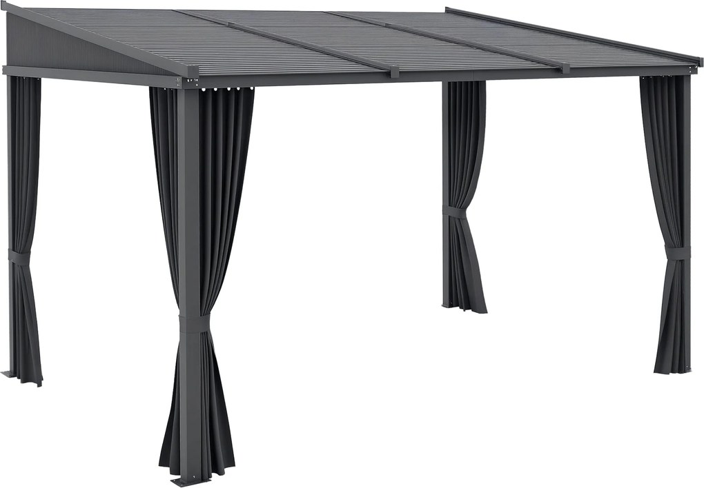 Pergola Outsunny, 3,65 x 2,55 m, Pavilon, Kryt terasy s posuvnou střechou, Zahradní pergola s závěsy, pro zahradu, dvůr, Hliník + kov, Tmavě šedá | Ao