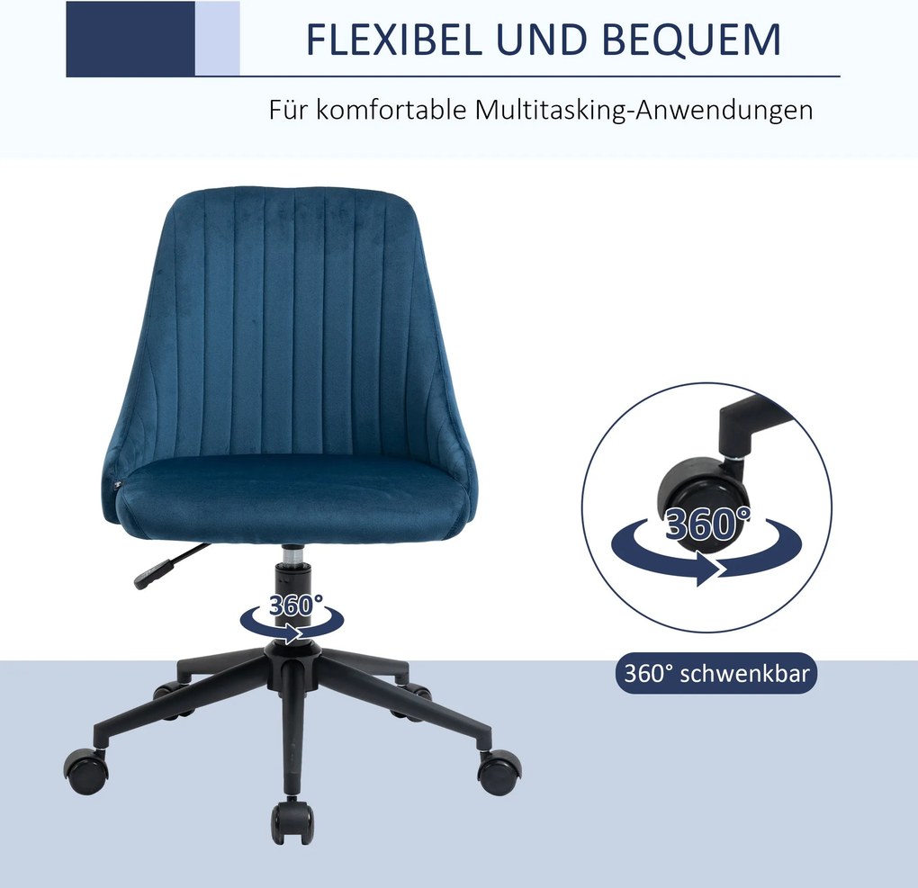 Vinsetto Otočná kancelářská židle Ergonomický design s nastavitelnou výškou 360° otočná pěnová sametová polyesterová modrá 50 x 58 x 77-87 cm