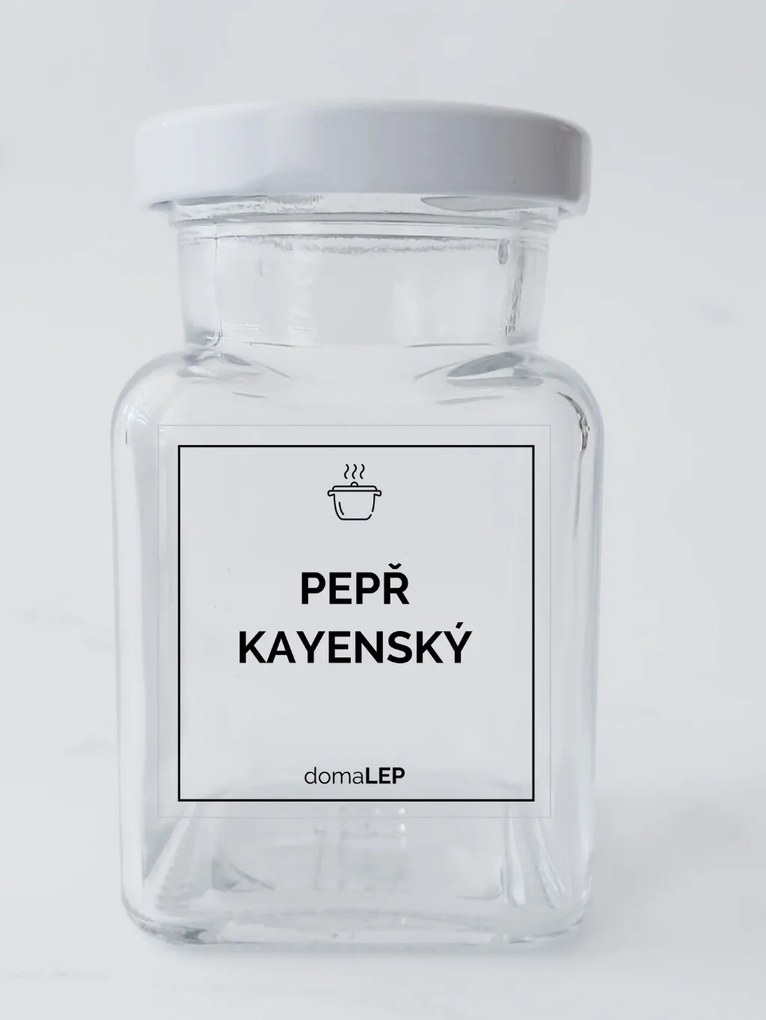 Samolepka na kořenky PEPŘ KAYENSKÝ průhledná 5 × 5 cm tučné písmo