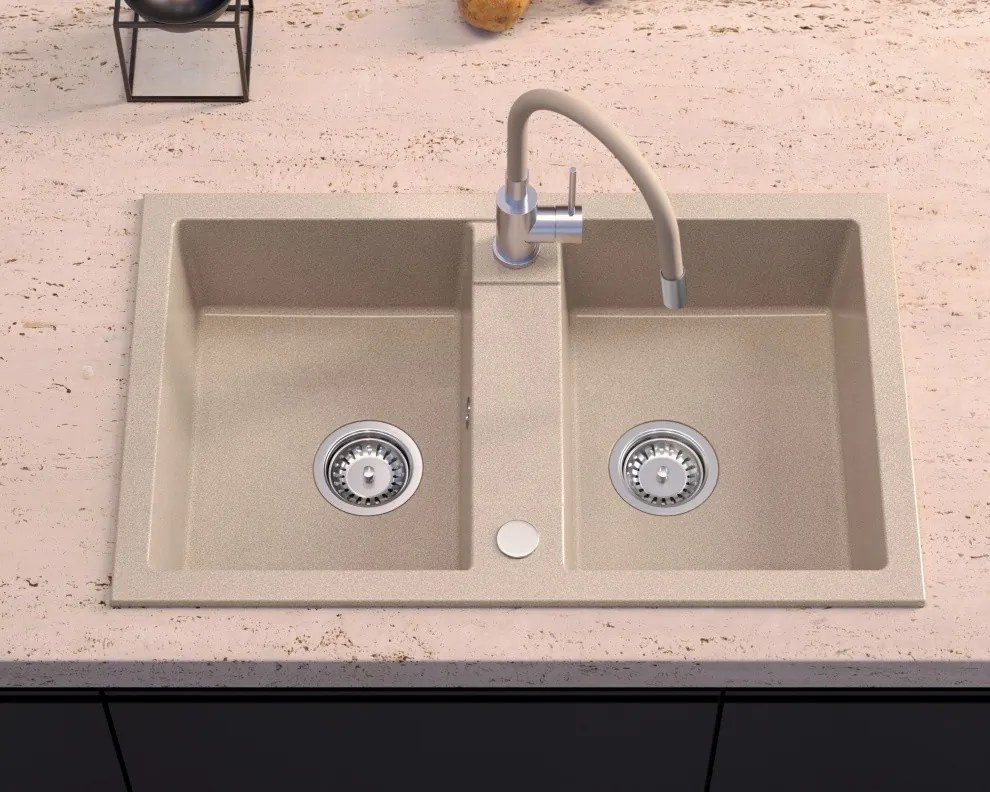 Béžový (pískový) dvoukomorový kuchyňský granitový dřez QUADRON DENZEL 120 bez baterie