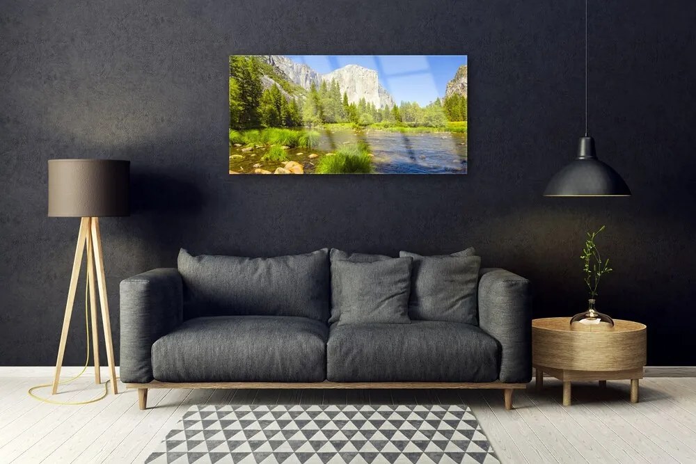 Obraz na skle jezero Hora Les Příroda 120x60 cm