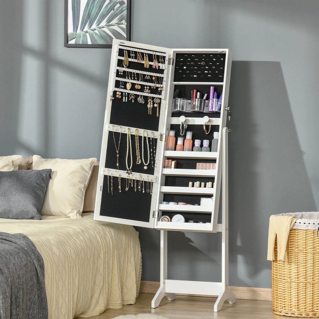 HOMCOM šperkovnice se zrcadlovou skříňkou s LED, stojací zrcadlo se 4 policemi, 46 x 36,5 x 151,5 cm