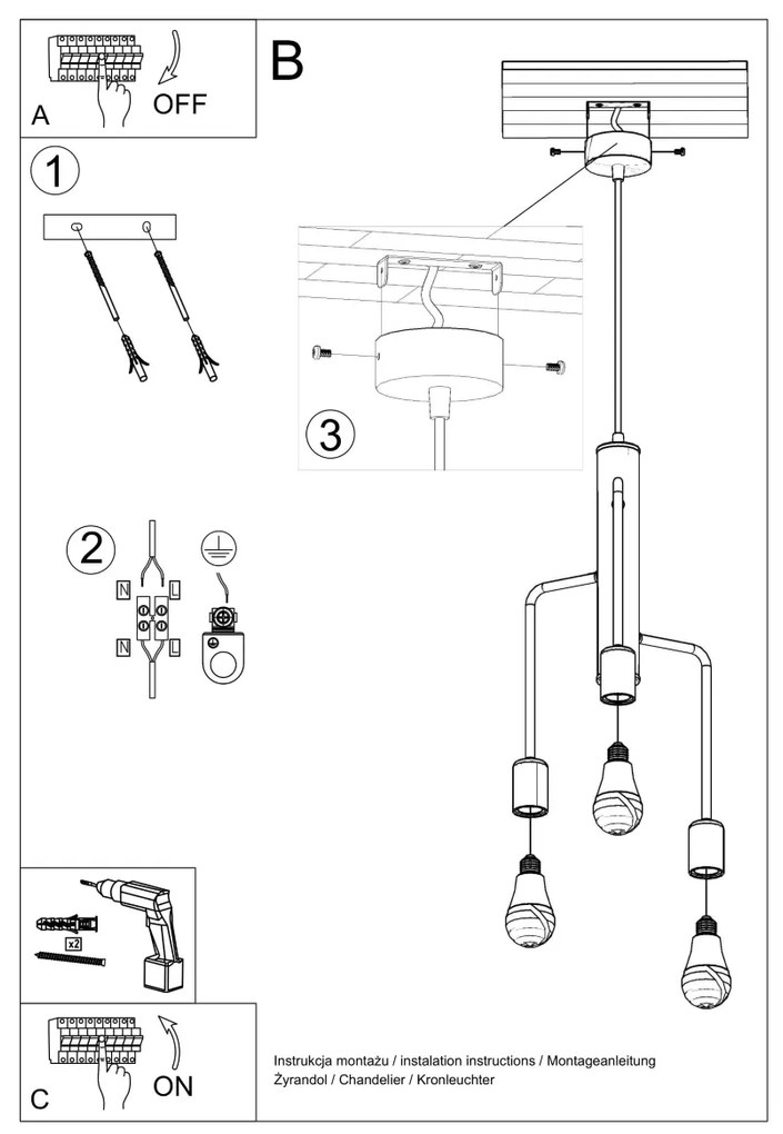 Lustr Duomo 3, černé tělo svítidla, m