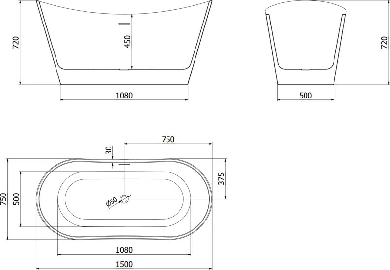 Mexen Montana, volně stojící vana 150 x 75 cm, bílá, bílý přepad, 52011507500-20