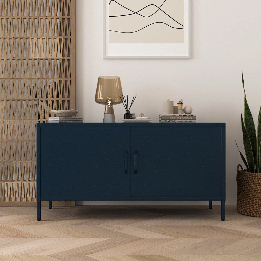 TV skříňka kovová na nožičkách námořnická modrá, 1150x595x400 mm: ROSA Modern