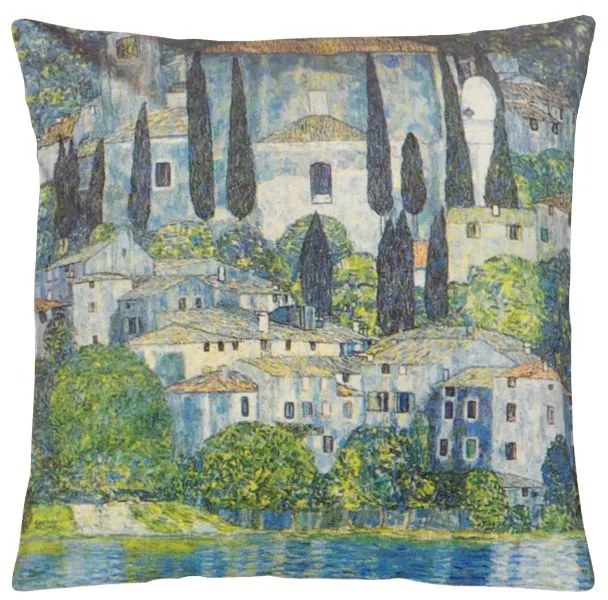 SCANquilt povlak ART VELVET klimt-kostel u jezera modrozelená 45 x 45 cm