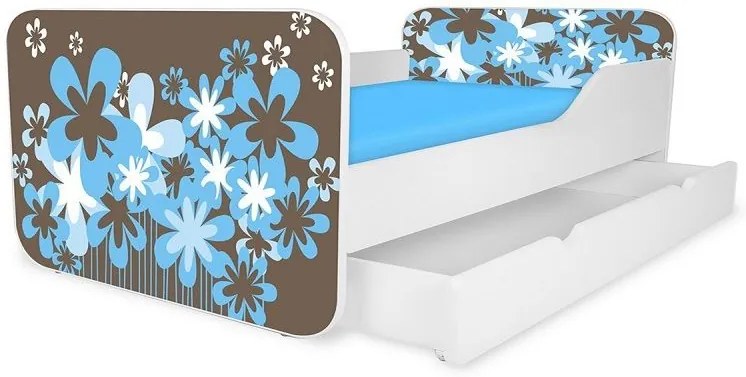 Dětská postel se šuplíkem - Hnědá s květy - kwadra - 140 x 70 cm