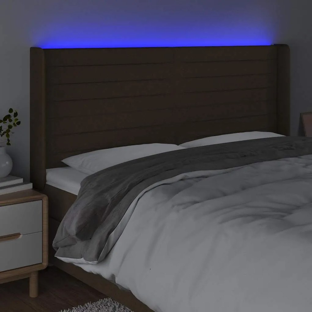 Čelo postele s LED tmavě hnědé 163 x 16 x 118/128 cm textil 3124197