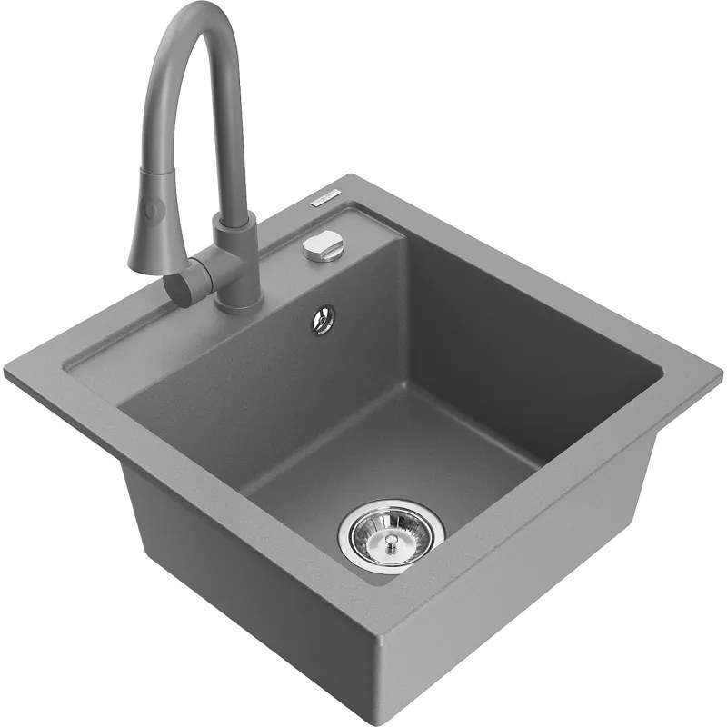 Mexen Vito, 1-komorový granitový dřez 490x520x210 mm a dřezová baterie Elia, šedá, 6503-71-670101-71