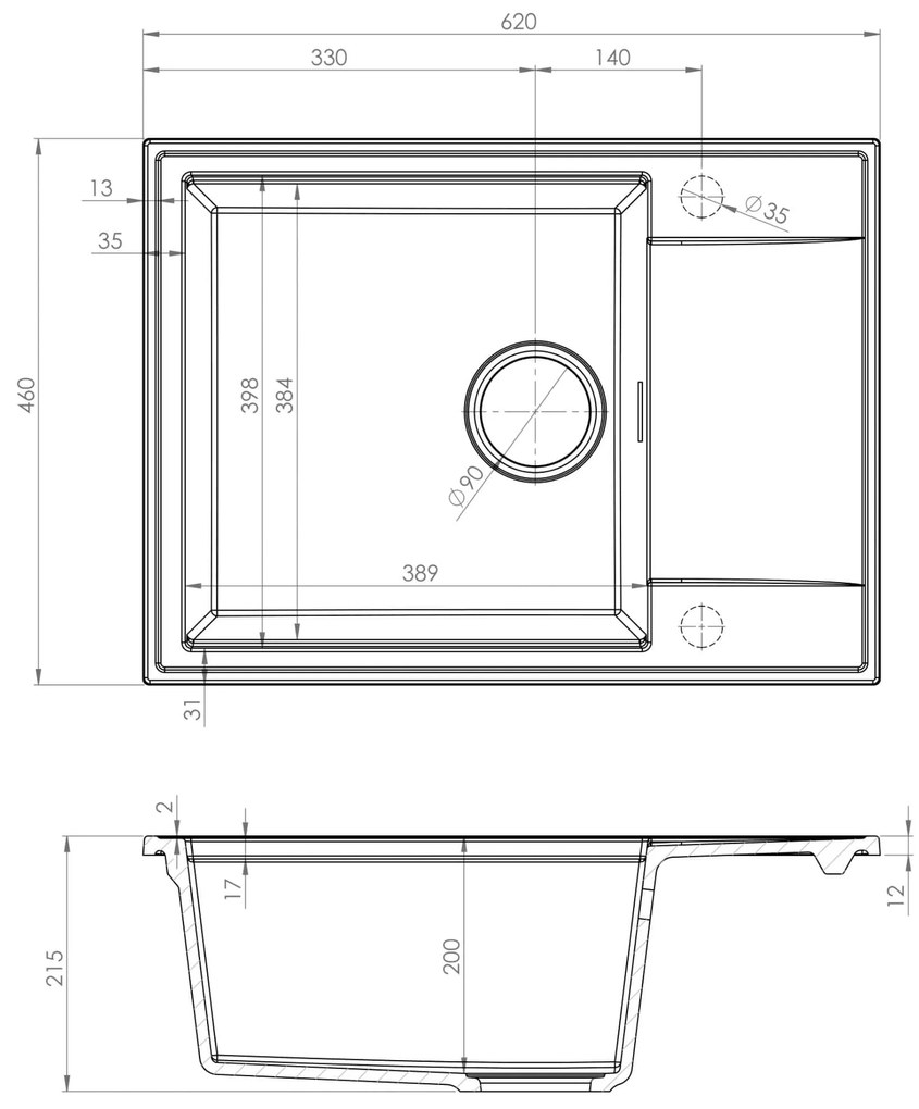 Sink Quality Sink55, kuchyňský granitový dřez 620x460x215 mm + chromový sifon, černá, SKQ-SINK.C.1KKO.X
