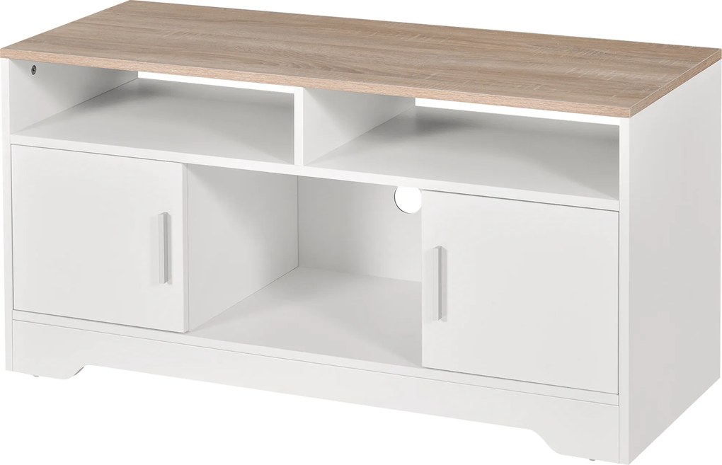 HOMCOM TV Skříňka pro Obývací Pokoj s Velkým Úložným Prostorem, Otevřené Police, Správa Kabelů, Klasický Design 105x40x52 cm Bílá