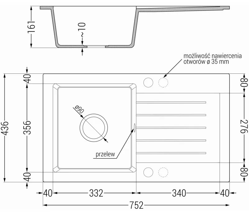 Mexen Pablo 1-miskový granitový dřez s odkapávačem 752 x 436 mm, Skvrnitá černá - 6510751010-76