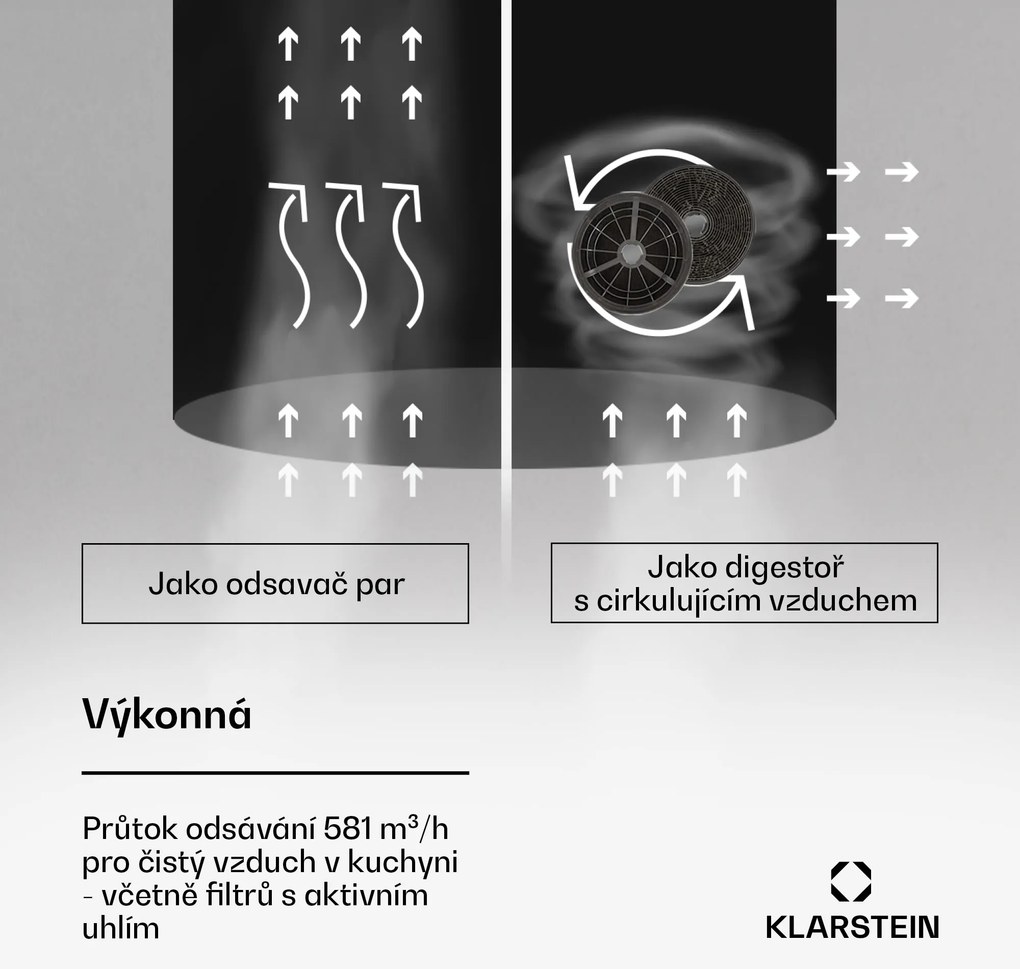 Klarstein Beretta Premium Smart, ostrůvková digestoř, 544 m³/h, aplikace, odsávání/recirkulace vzduchu, LED, filtr s aktivním uhlím