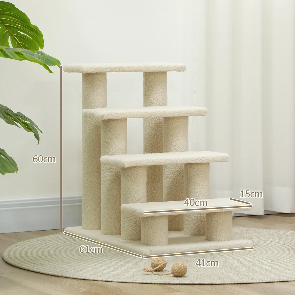 Schody pro psy a kočky PawHut 4stupňové plyšové béžové 63,5x43x60cm ideální pro starší zvířata