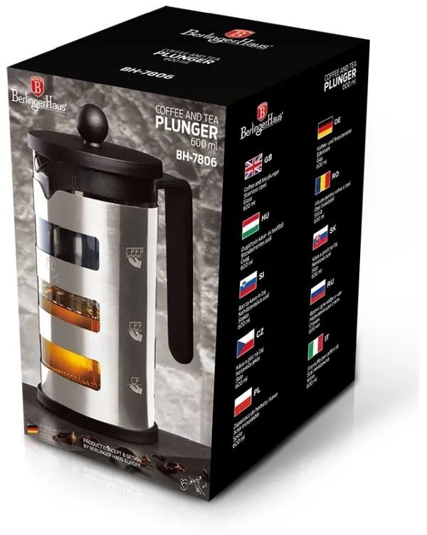 BERLINGERHAUS Konvice na čaj a kávu french press 600 ml Black Silver Collection BH-7806