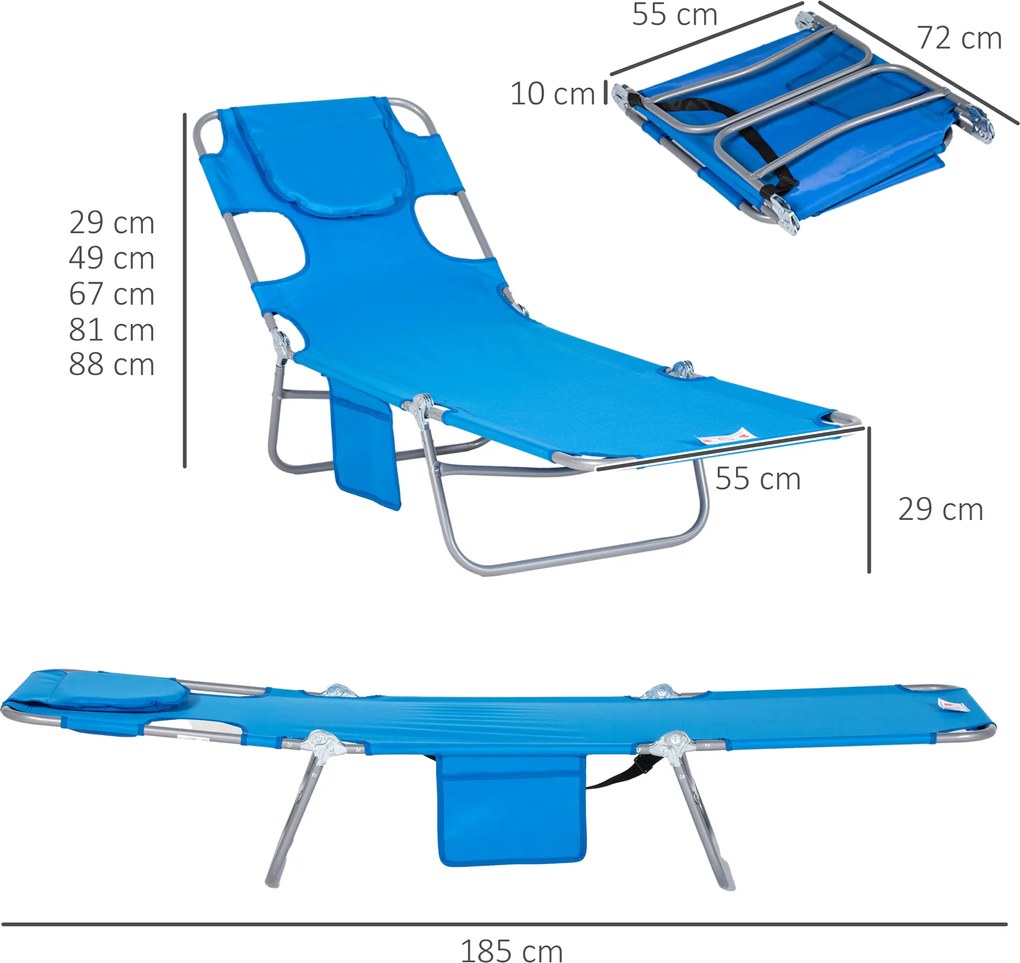 Gartenliege, Liegestuhl mit gepolsterter Gesichtsöffnung, Massage-Liege für draußen, Seitentasche, Stoff, Metall, Blau