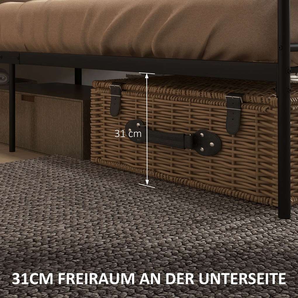 HOMCOM ocelový rám dvojité postele 160x200cm s integrovanými laťkami, čelem a nohama, úložným prostorem pod postelí, černý