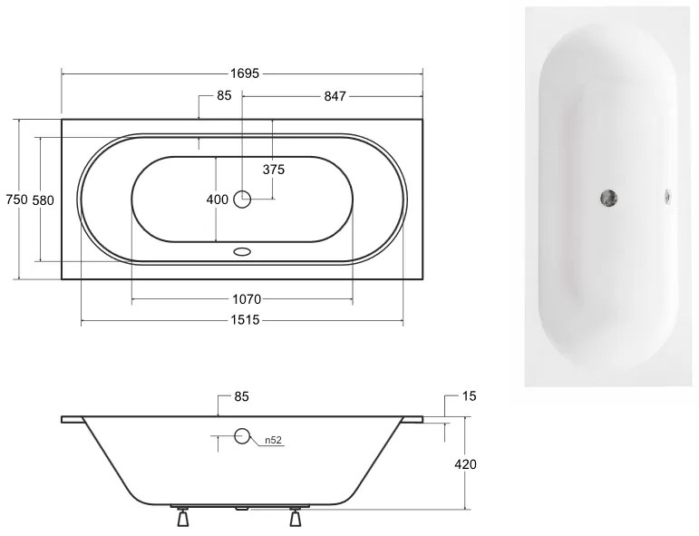 NIKIDO - B Akrylátová vana VITAE SLIM 150x75, 160x75, 170x75, 180x80 Velikost: 180x80