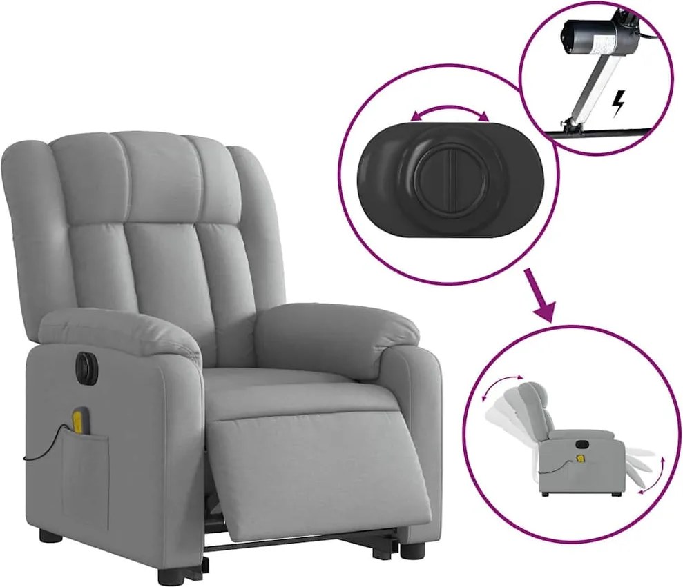 Elektrické zvedací masážní polohovací křeslo světle šedé textil 3205352