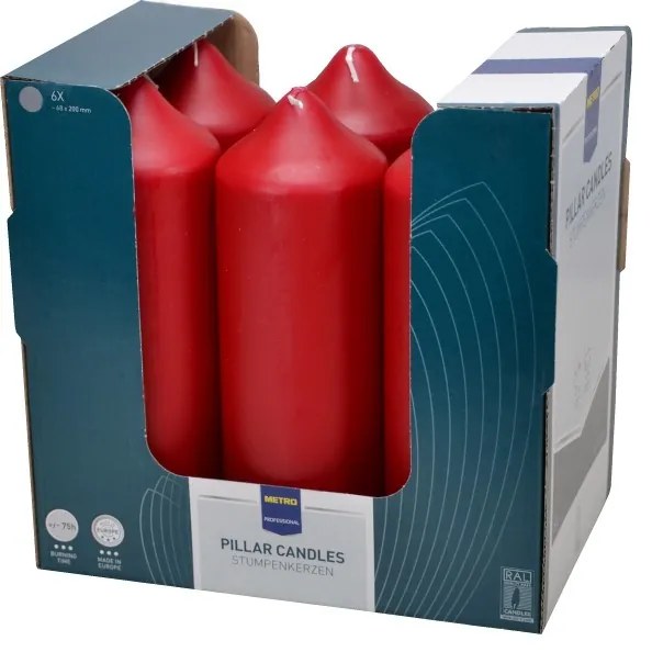Svíčka válcová 68x200mm, bordo 6 ks