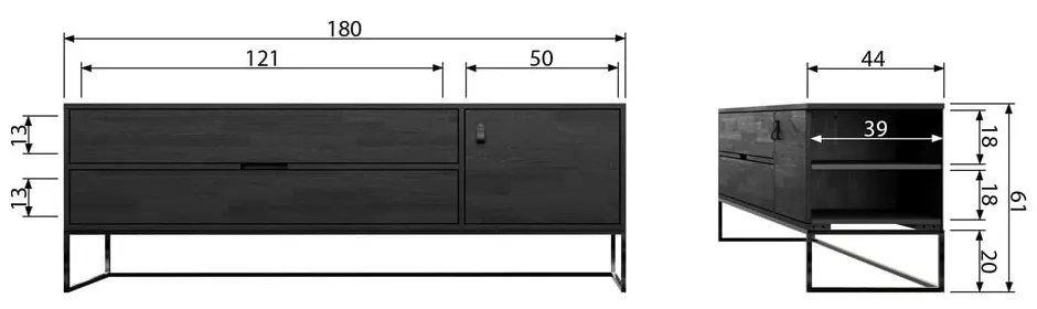 Černý TV stolek z jasanového dřeva 180x61x44 cm Silas – WOOOD