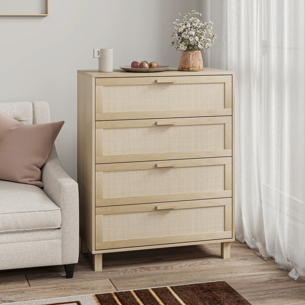 HOMCOM komoda se 4 zásuvkami, ratanový vzor, rozměry 80D x 40Š x 103V cm, MDF světlé dřevo