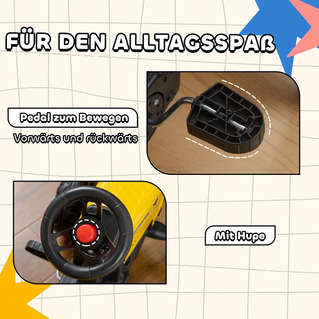 HOMCOM Pedálový Traktor s Přívěsem - Pedálové Auto pro Děti od 3 Let do Zahrady, Železný Žlutý 133 x 42 x 51 cm