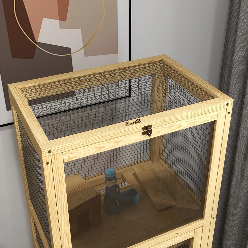 Klec pro křečka nebo myš PawHut, dřevěná pro malá zvířata, 5 úrovní s žebříkem, domeček, houpačka, odnímatelný tác, dávkovač vody, 54 x 38 x 131 cm, …