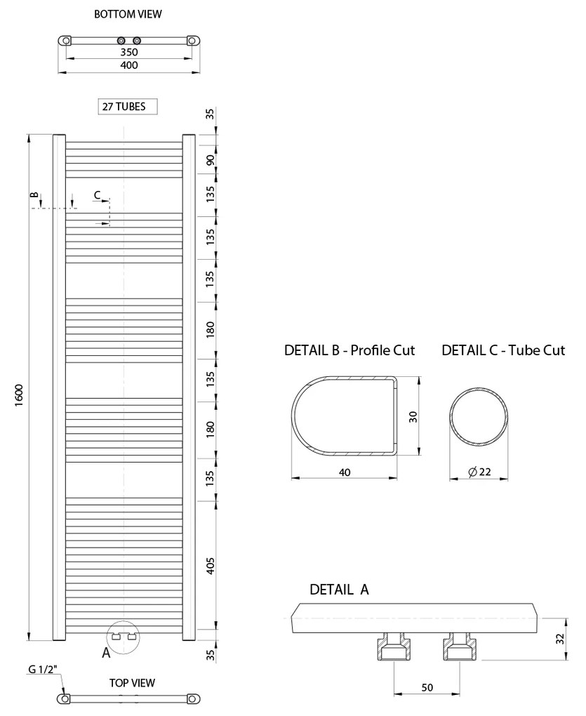 Aqualine Aqualine, ALYA topné těleso rovné 400x1600mm, středové připojení, chrom, LLS309