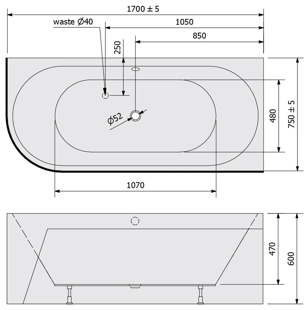 Polysan, VIVA R MONOLITH asymetrická vana 170x75x60cm, bílá, 78119M